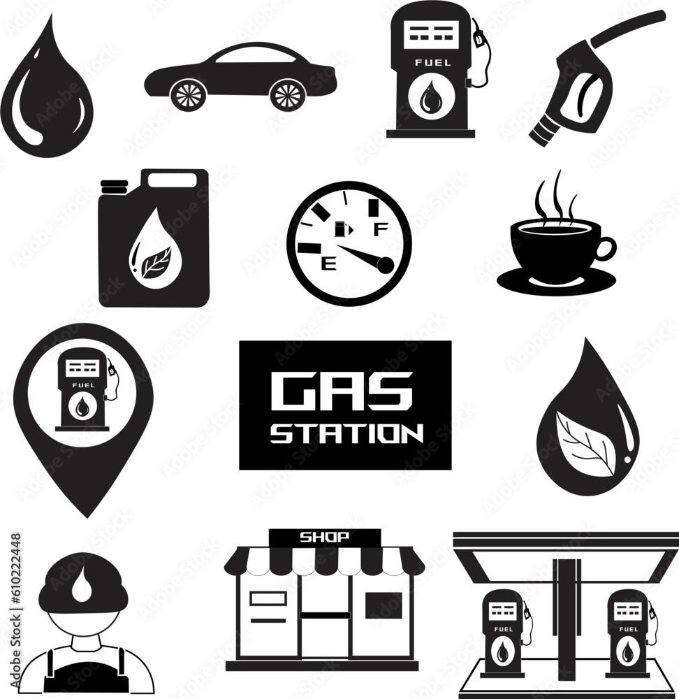 Vector gas station icons set, black set with petrol station fuel tank isolated illustration ...