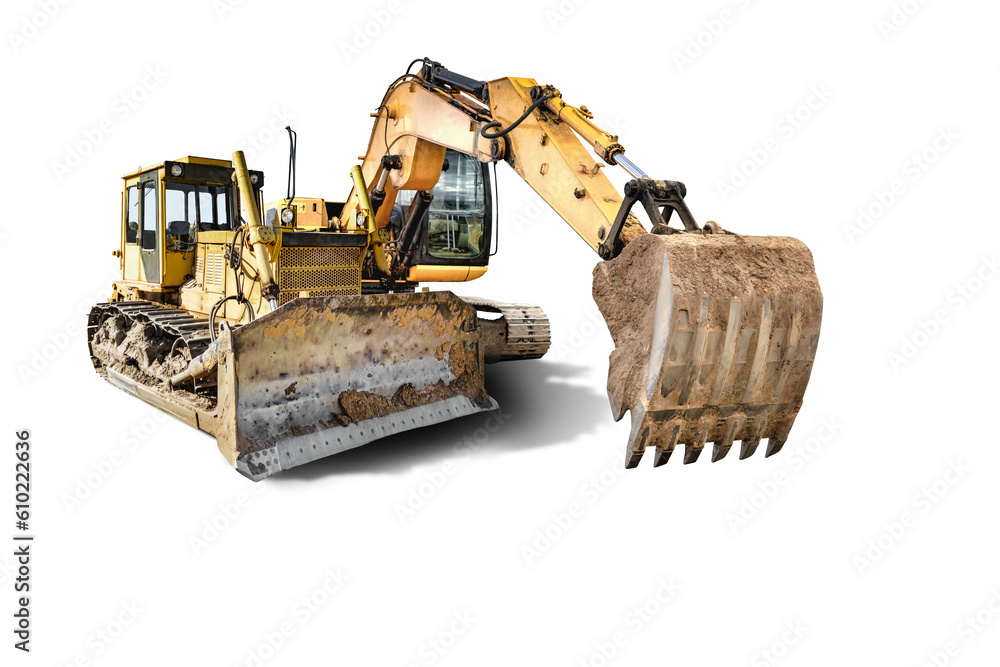 Excavator and bulldozer loader close-up on a white isolated background ...