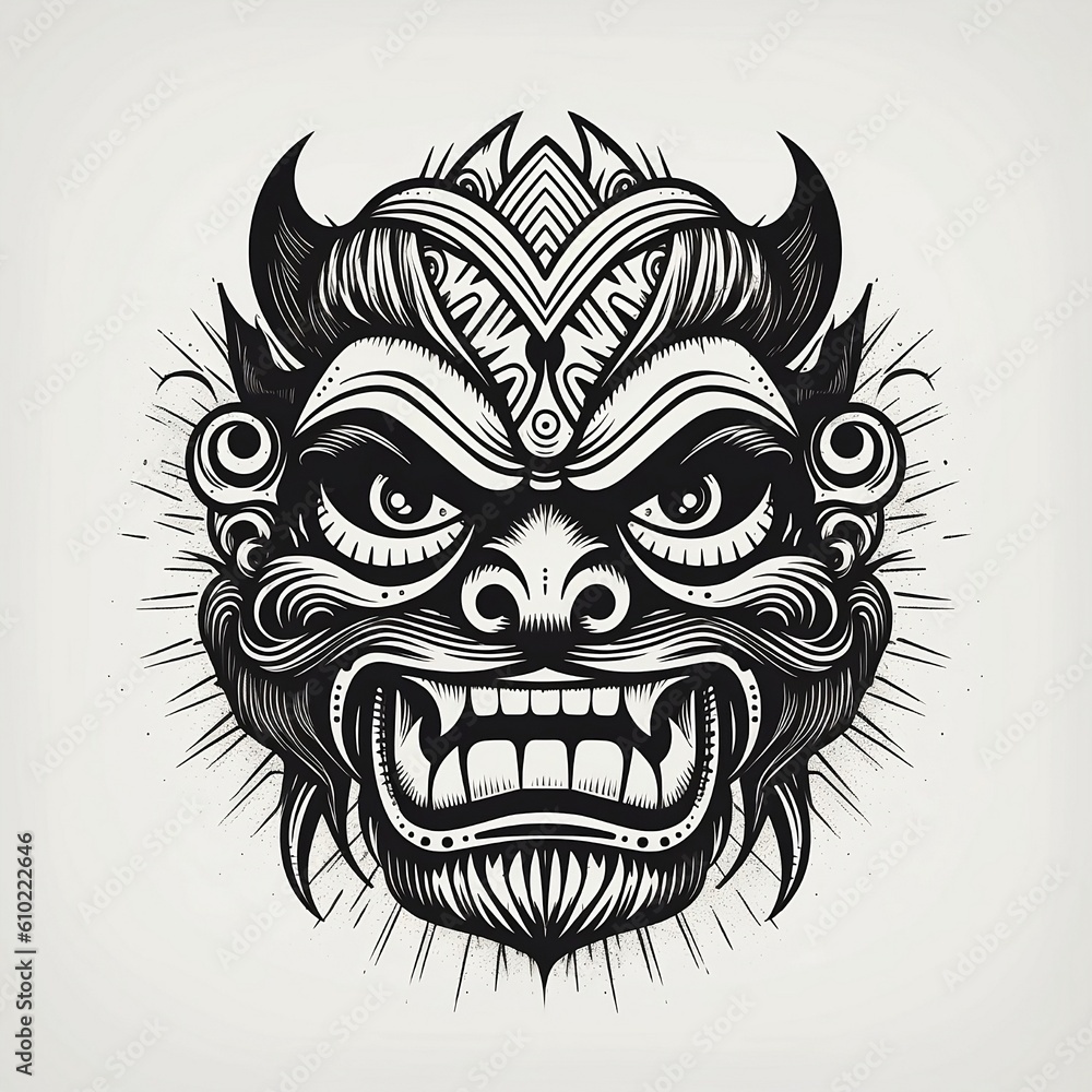 Tribal mask. Tiki demon. Monochrome ethnic pattern. Black tribal tattoo ...