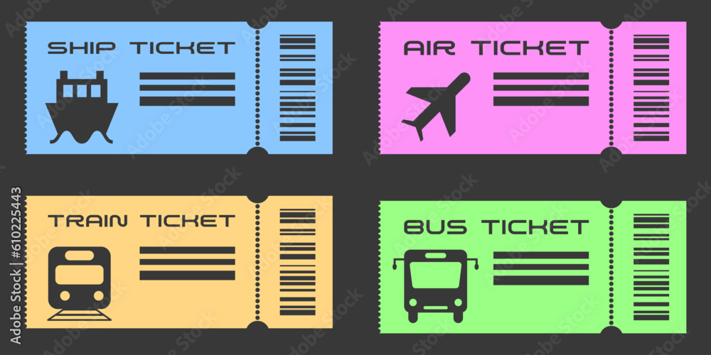 Set of Transport Tickets. Travel tickets for bus, plane, train and ship ...