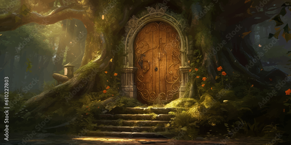Magic Wooden door to an alien world. Magic Gate. Fantasy gate ...