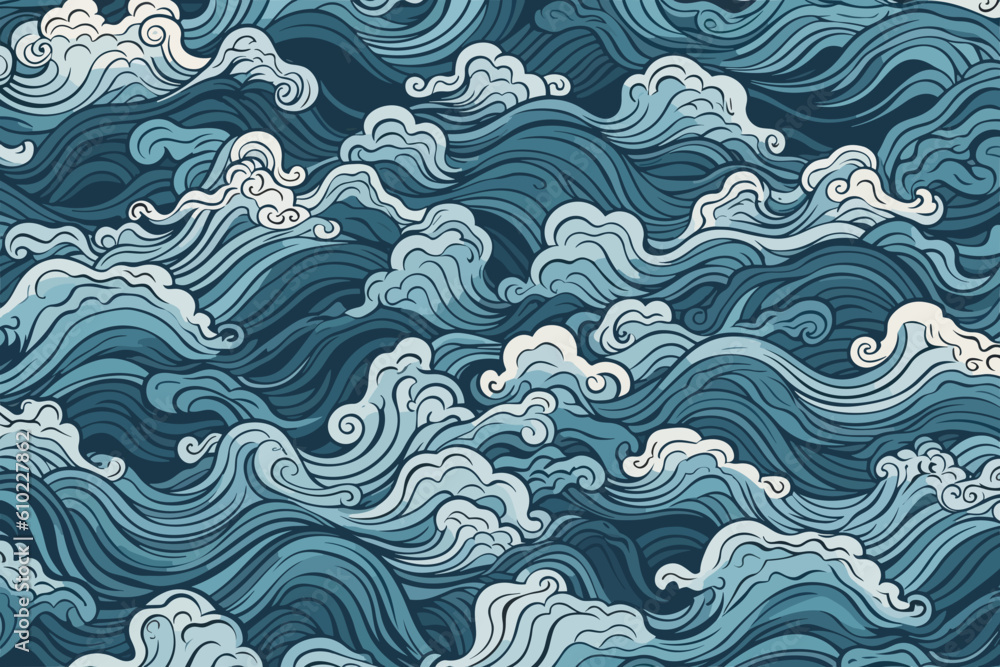 Doodle inspired Stormy ocean waves pattern pattern, cartoon sticker ...
