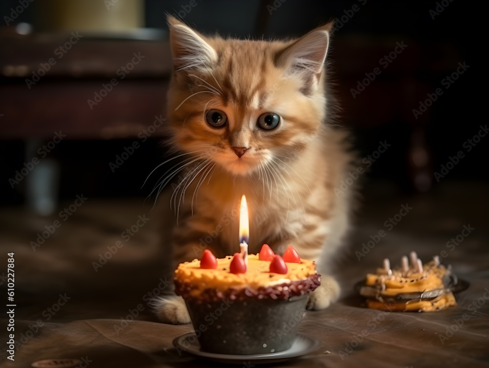 Handsome young tabby Maine Coon cat, sitting up near birthday cake with ...