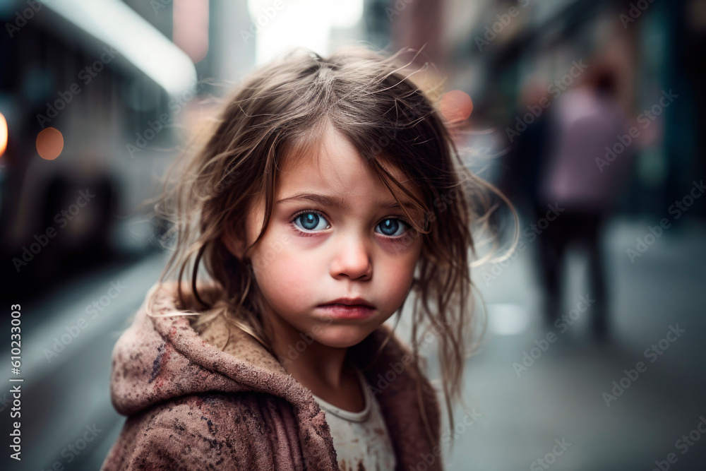 AI generated portrait of candid authentic fright homeless little girl ...