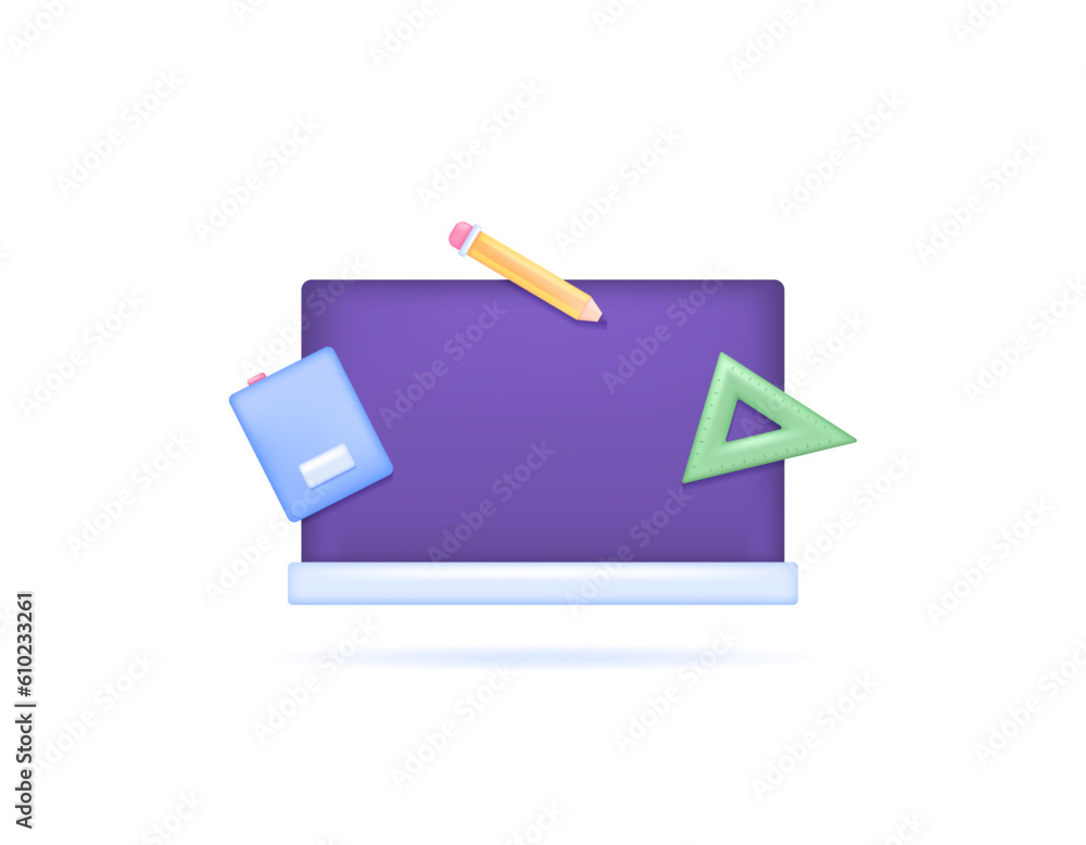 illustration of a blackboard, triangular ruler, pencil, and book ...