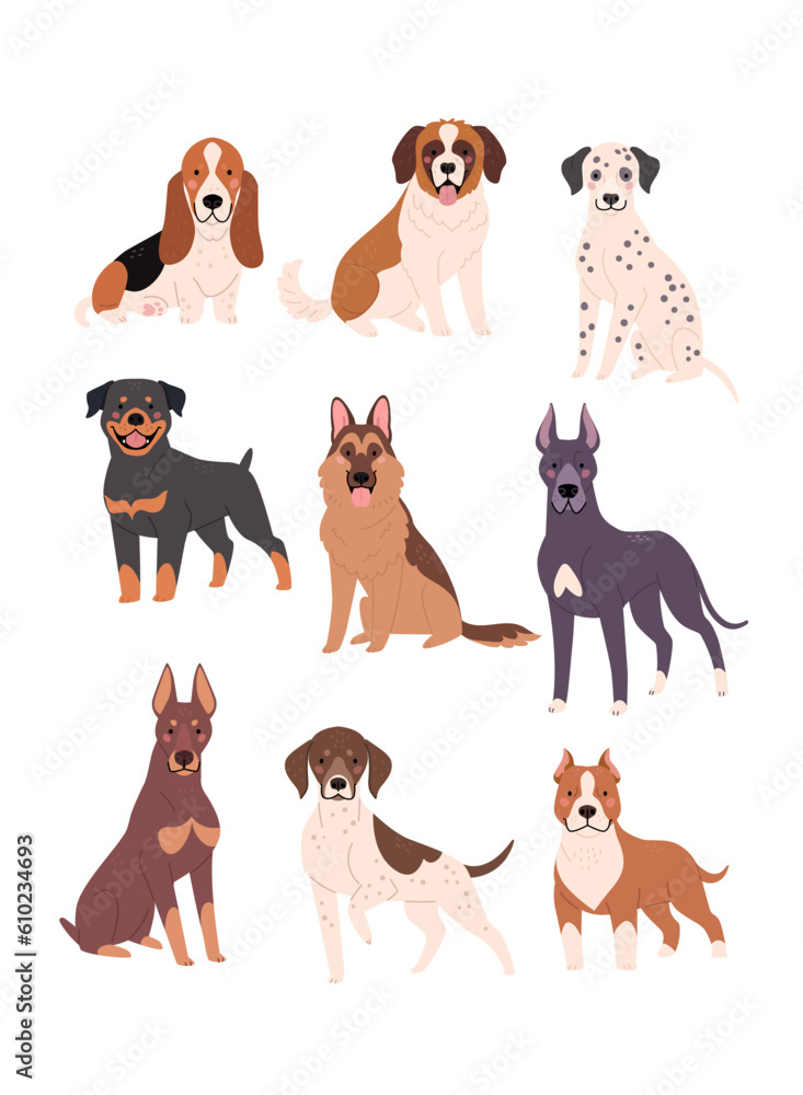 Large Dog Breeds collection. Vector illustration of funny cartoon ...