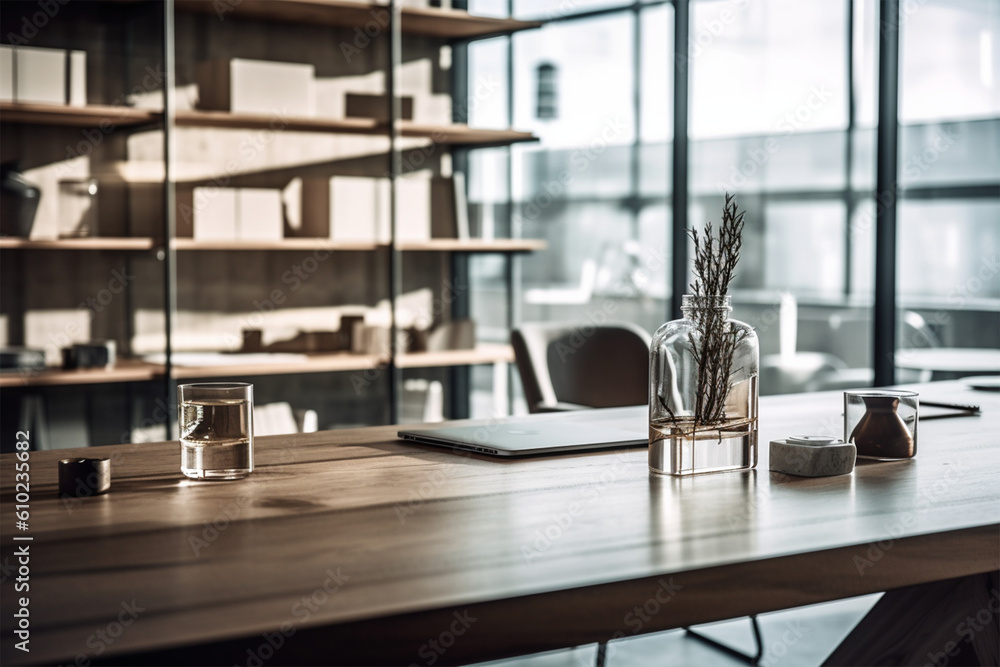 A modern office is shown in a neutral color space, in the style of high ...