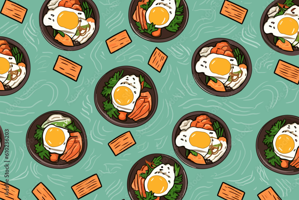 Doodle inspired Korean bibimbap and kimchi pattern pattern, cartoon ...