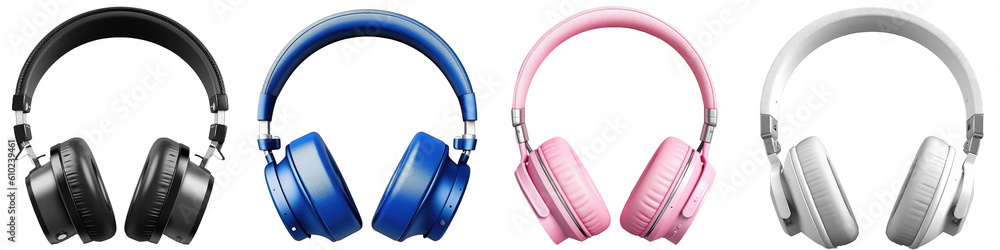Colection of headphones in four different colours (black, blue, pink ...