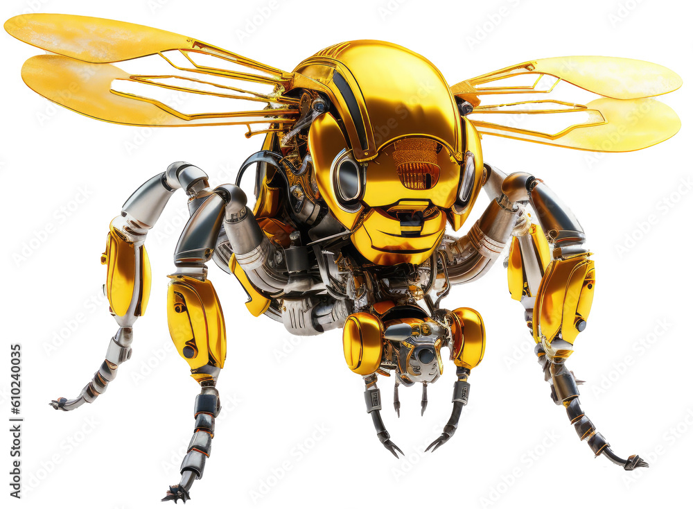 Golden robotic bee insect as mechanical cyber animal isolated on a ...