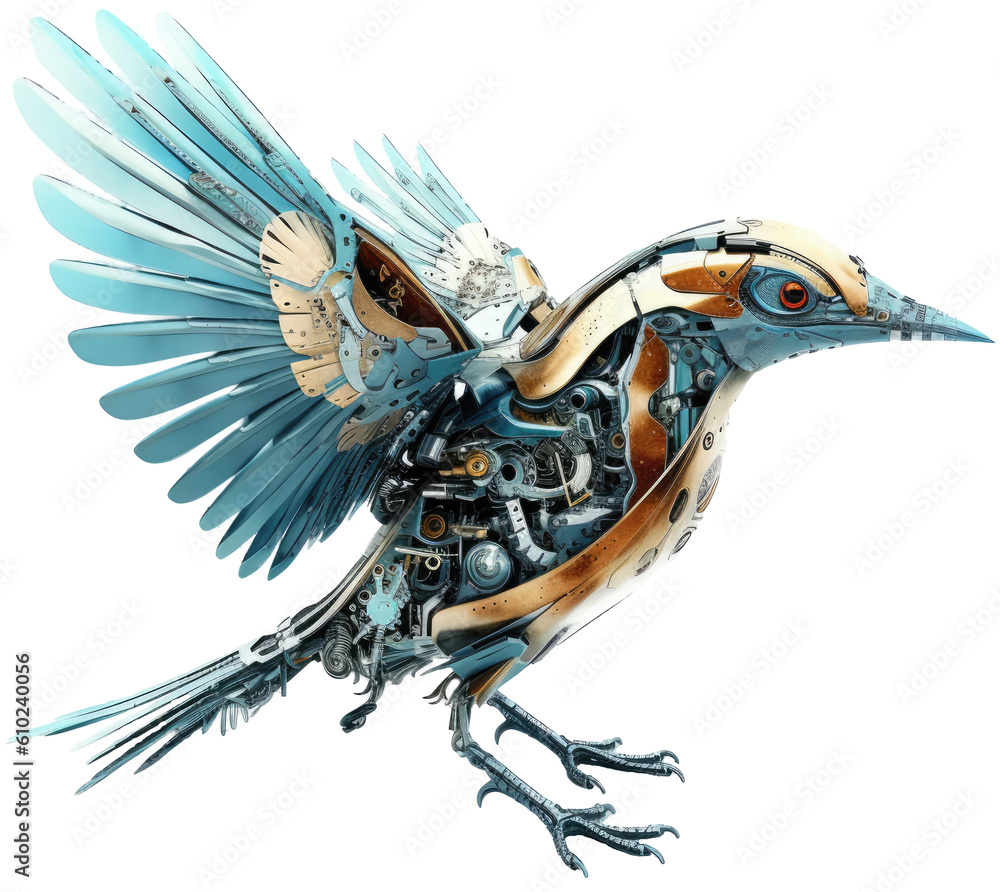 Flying robotic bird as mechanical cyber animal isolated on a white ...