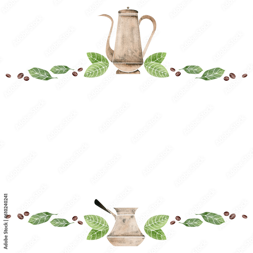 Watercolor hand drawn border frame with coffee copper turkish cezve ...