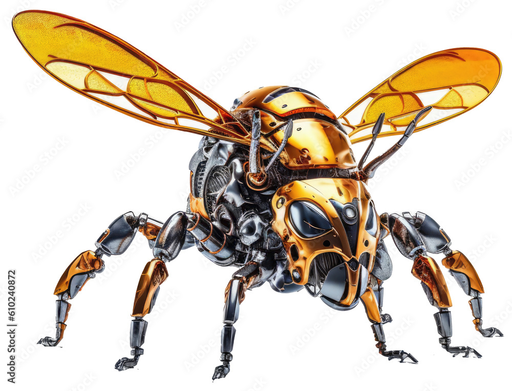 Golden robotic flying bee insect as mechanical cyber animal isolated on ...