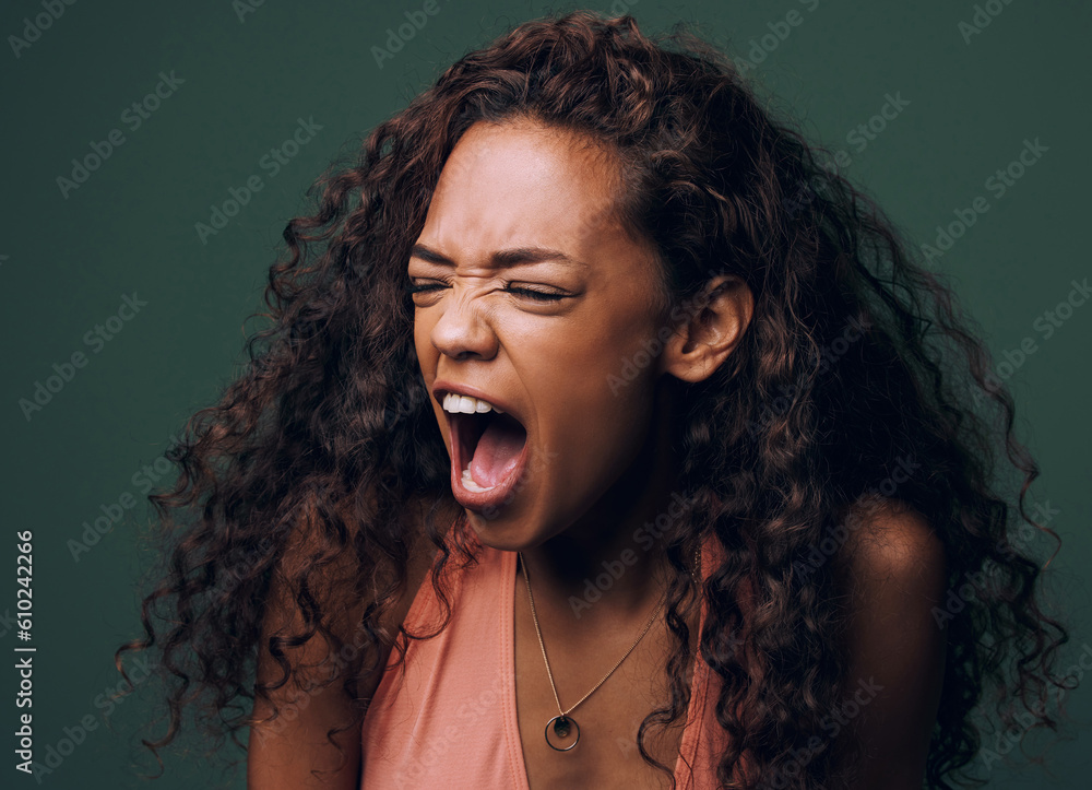 Stress, anxiety and angry woman scream in studio for fear, mistake or ...