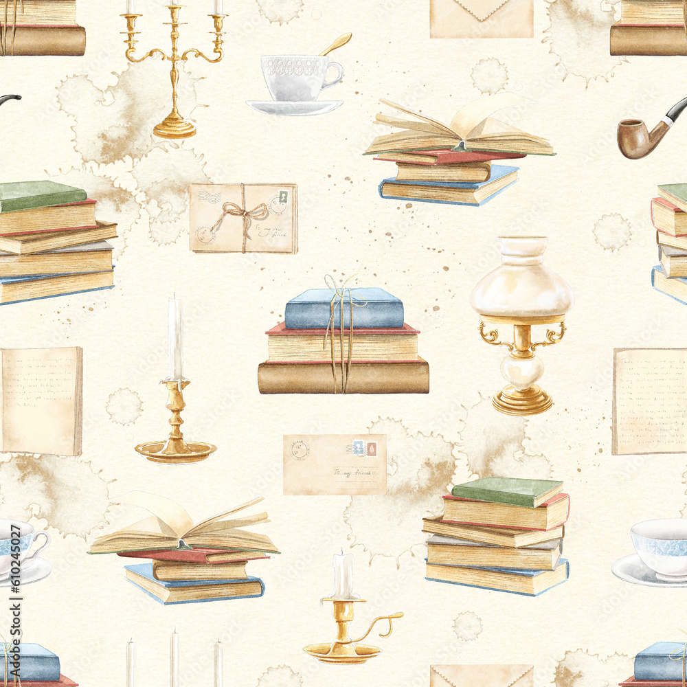 Seamless pattern with vintage variety old-fashion set of books and ...