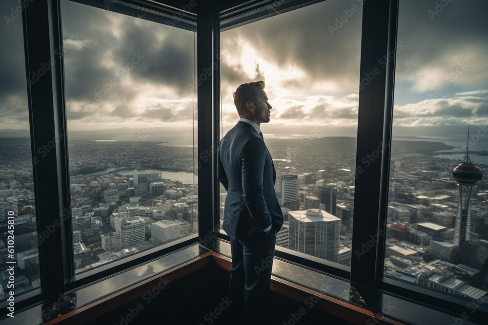 well dressed businessman looking at the panoramic window at the sky ...