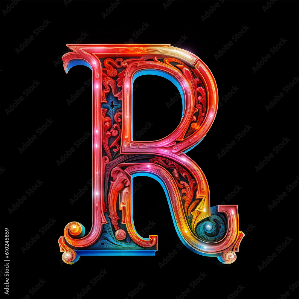 Generative ai. Capital letter R neon color on black background Stock ...