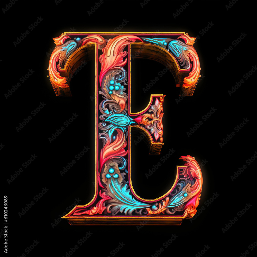 Generative ai. Capital letter E neon color on black background Stock ...