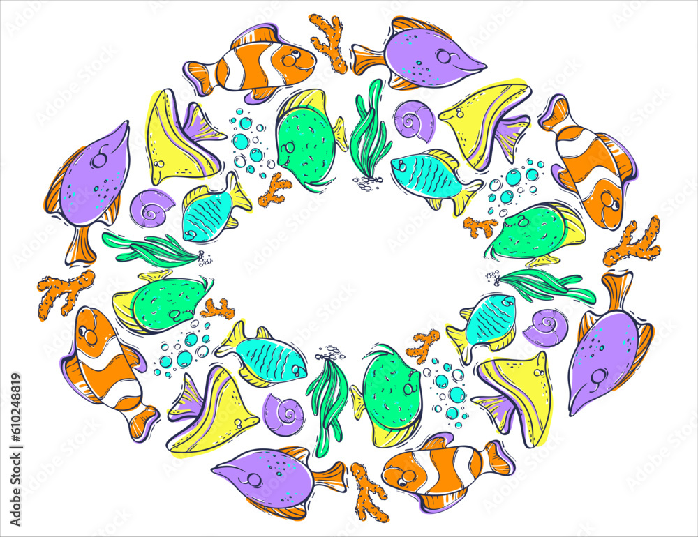 Cute decorative frame with marine life. Colorful fish, algae, shells ...