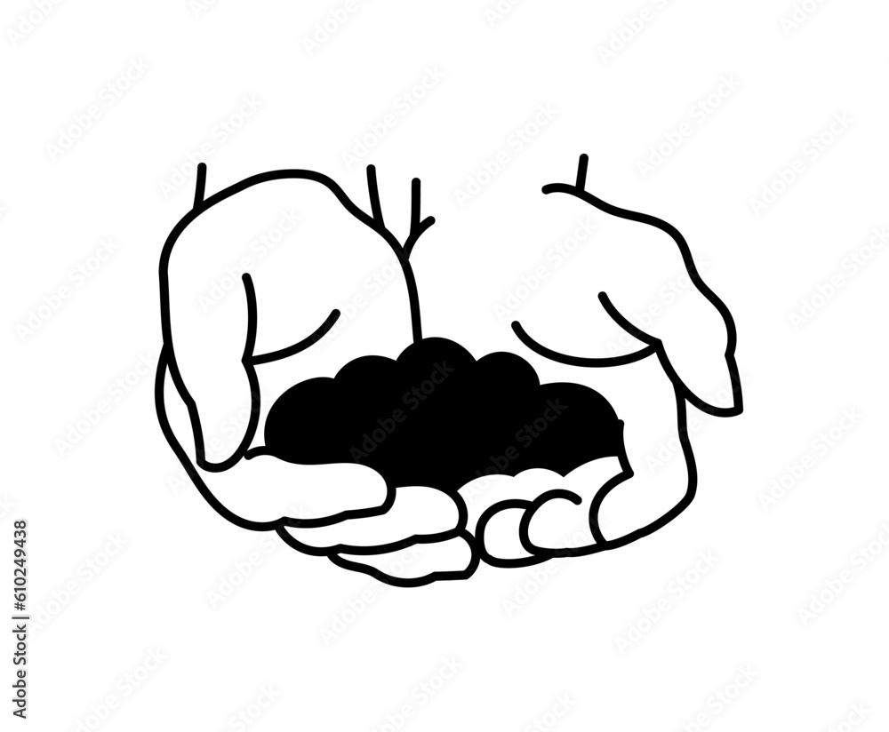 Soil in hand. Bunch soil and fertilizer. Vector line. Editable outline ...