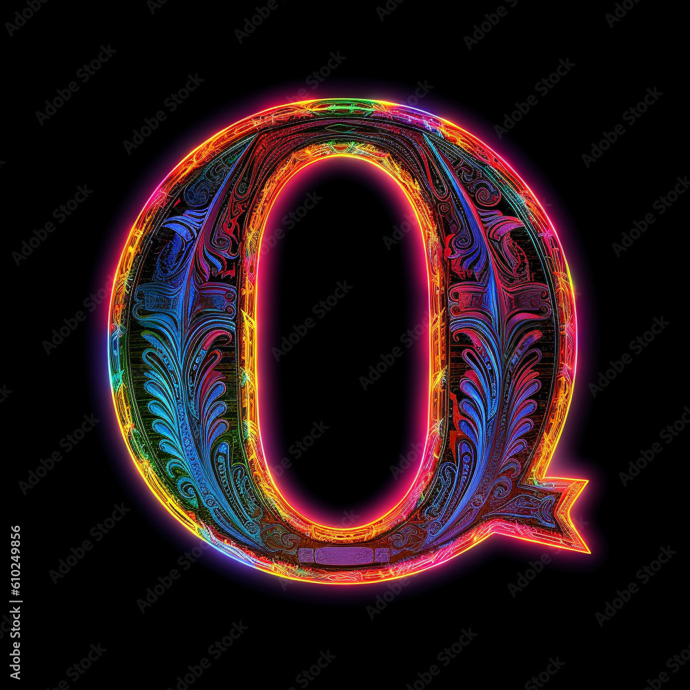 Generative ai. Capital letter Q neon color on black background Stock ...