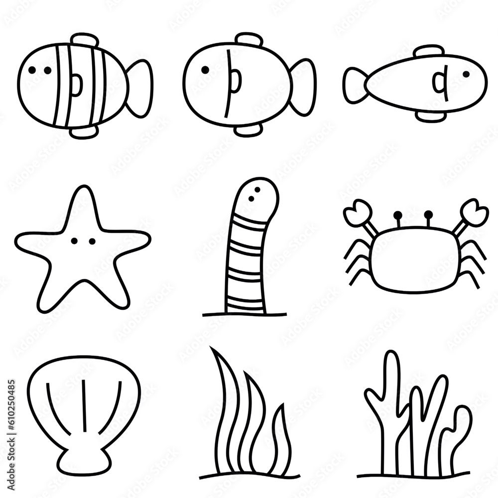Set of sea animals icons. Cartoon aquatic animals. Outline. vector ...