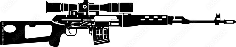Black shape of Russian SVD Dragunov military sniper rifle, isolated vector image for military ...