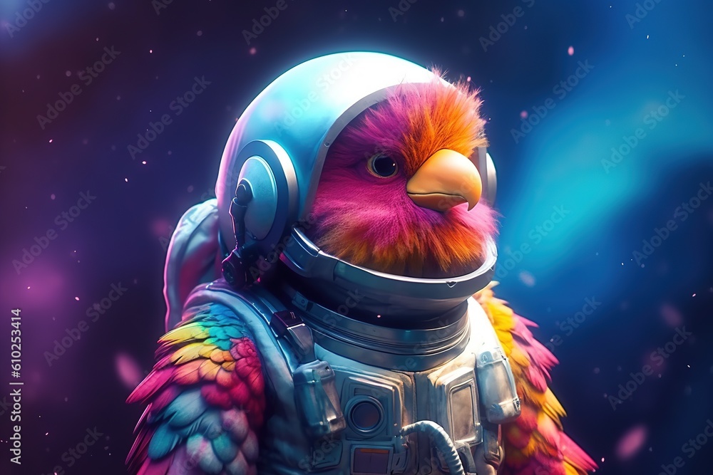 Cartoon alien robot. Bird in a space suit with a colorful head ...