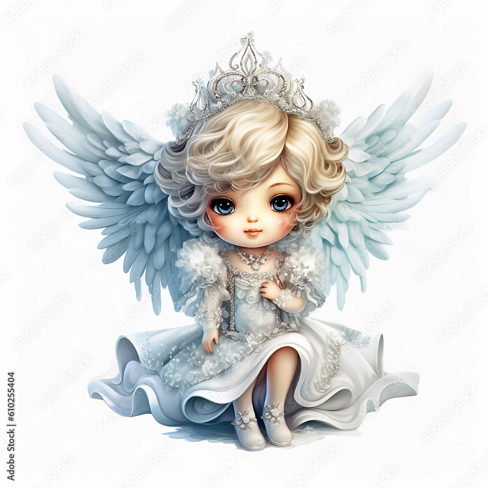 Cute cartoon little girl in angel dress with a crown on her head ...
