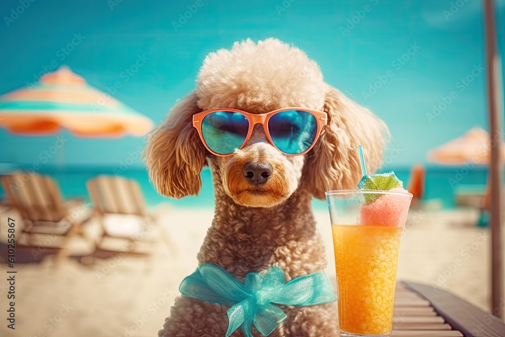 Poodle dog is relaxing on the beach with a cocktail. The concept of ...