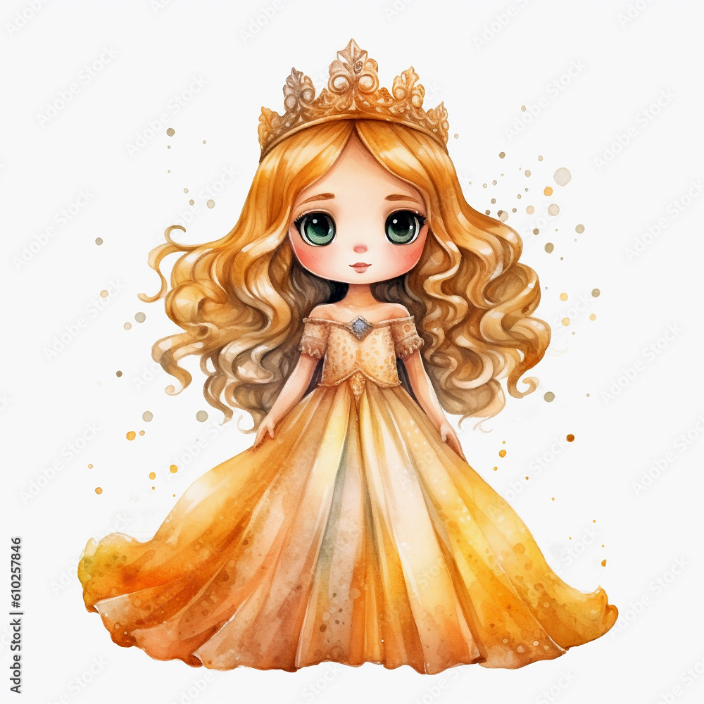 Cute cartoon little princess with crown, watercolor portrait, isolated ...