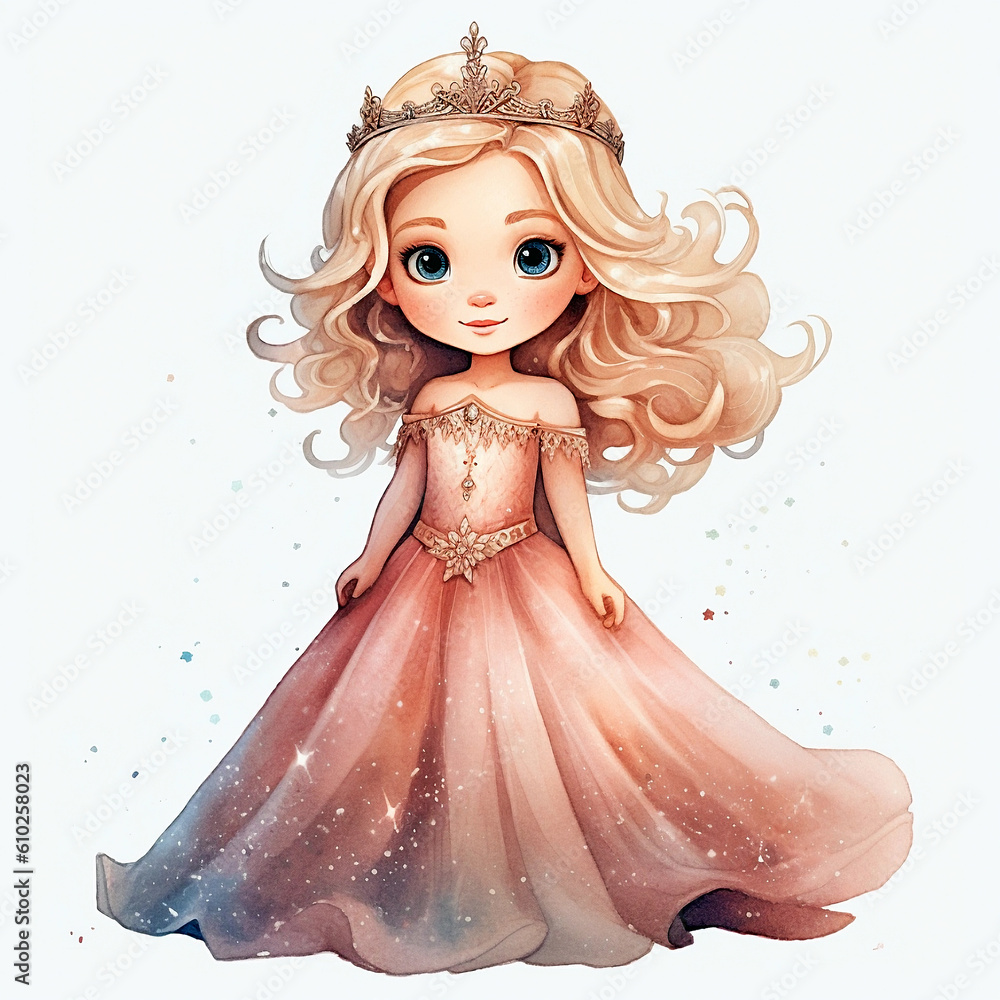 Cute cartoon little princess, illustration in watercolor style ...