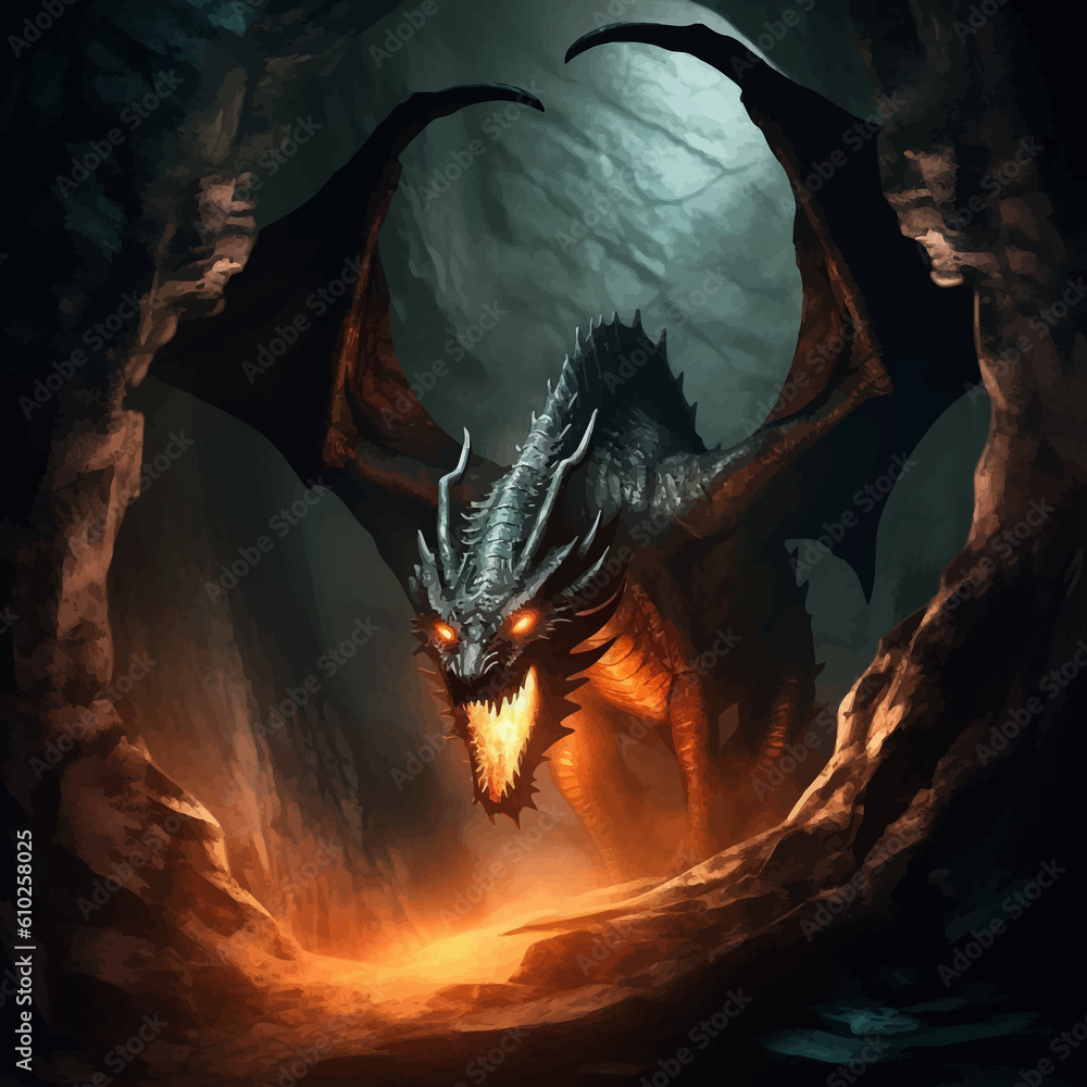 Black Fantasy Dragon in a dark cave. Fierce Monster Growls and prepare ...