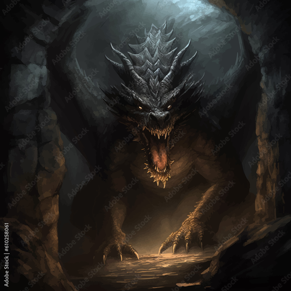 Black Fantasy Dragon in a dark cave. Fierce Monster Growls and prepare ...