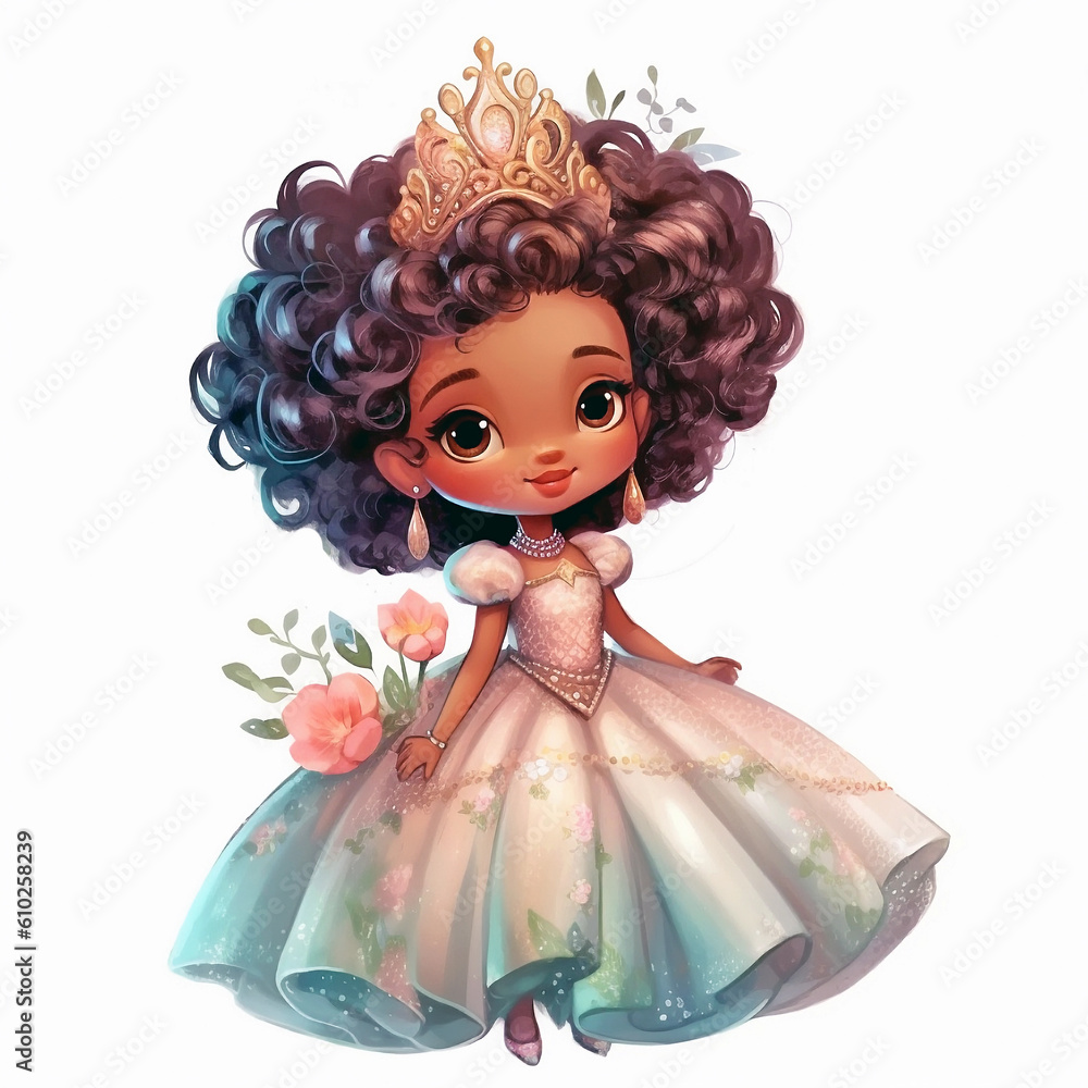 Cute cartoon African American little princess in beautiful dress and ...