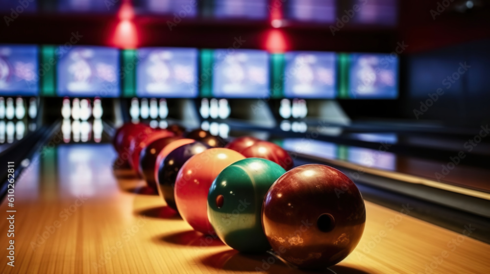 Bowling lane and balls in the row in bowling center. Generative AI ...