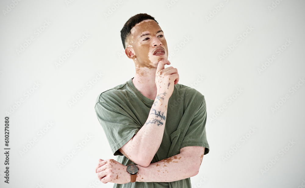 Memory, man against a studio backdrop and thinking for problem solving ...