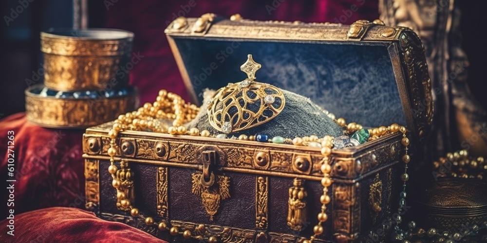 Beautiful queen or king crown and a gold treasure chest. vintage ...