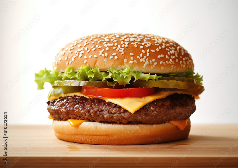 Classic cheeseburger with beef patty, pickles, cheese, tomato, onion ...
