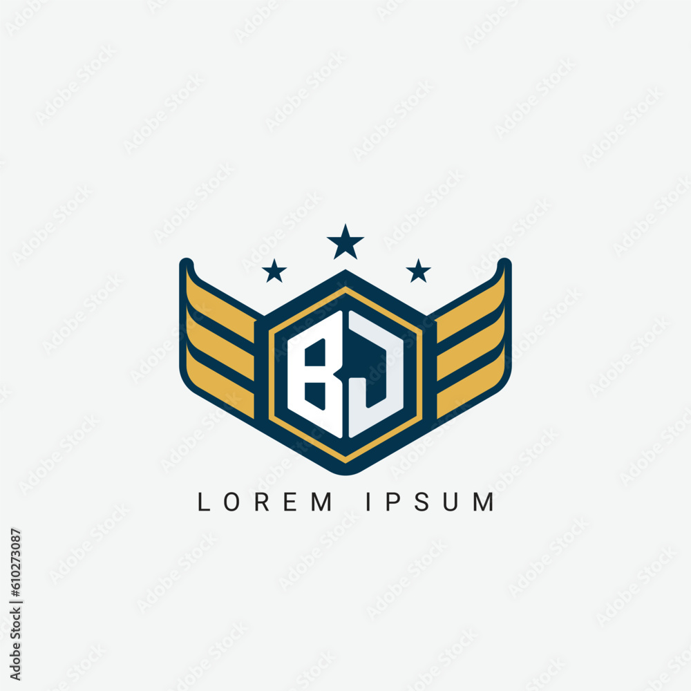 Alphabet letter BJ, JB, B, J logo hexagon shape concept with wings ...