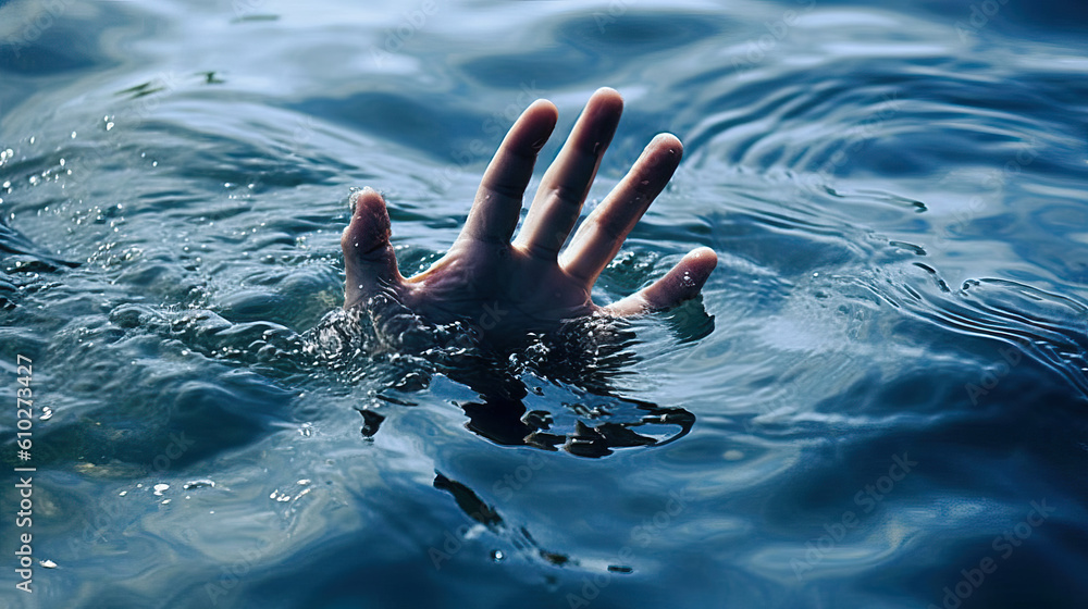 hand in sea asking help. person drowning and sinking. generative ai ...