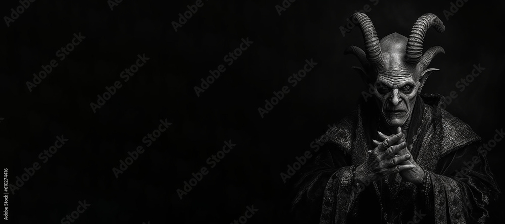 Black and white photorealistic studio portrait of the demonic being ...