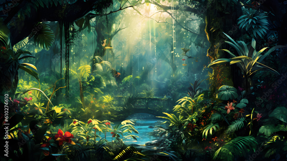 the lush beauty of a rainforest canopy, with dense foliage forming a ...