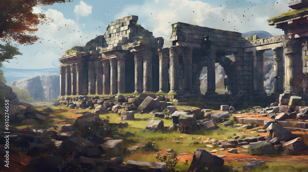 the mysterious allure of ancient ruins, with weathered stone structures ...