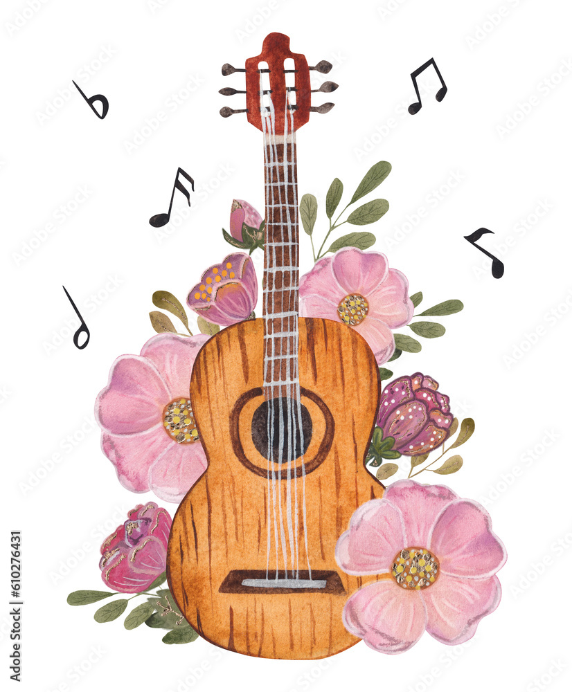 Guitar and flowers, watercolor hand drawing isolated on white ...