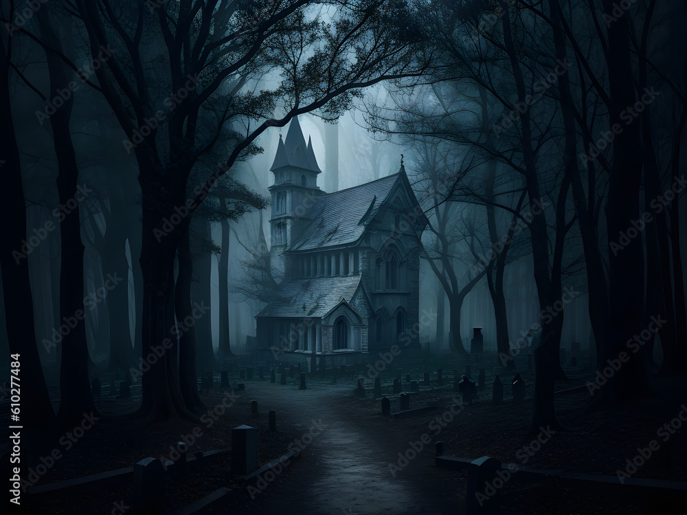 A realistic path through a dense forest with Monastery, night, dark ...