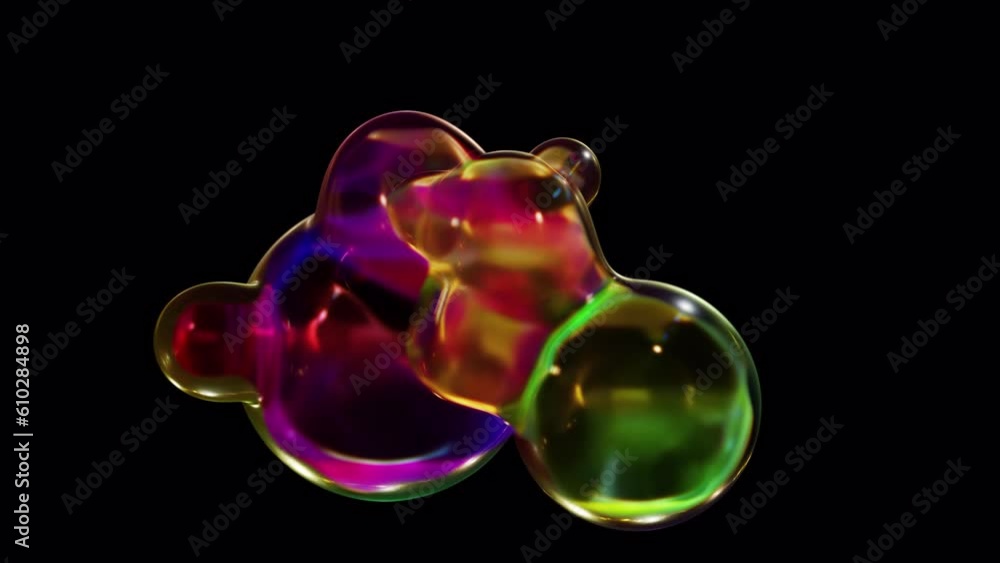 Liquid blobs are transformed using a metaball animation. Black background with 3D Abstract ...