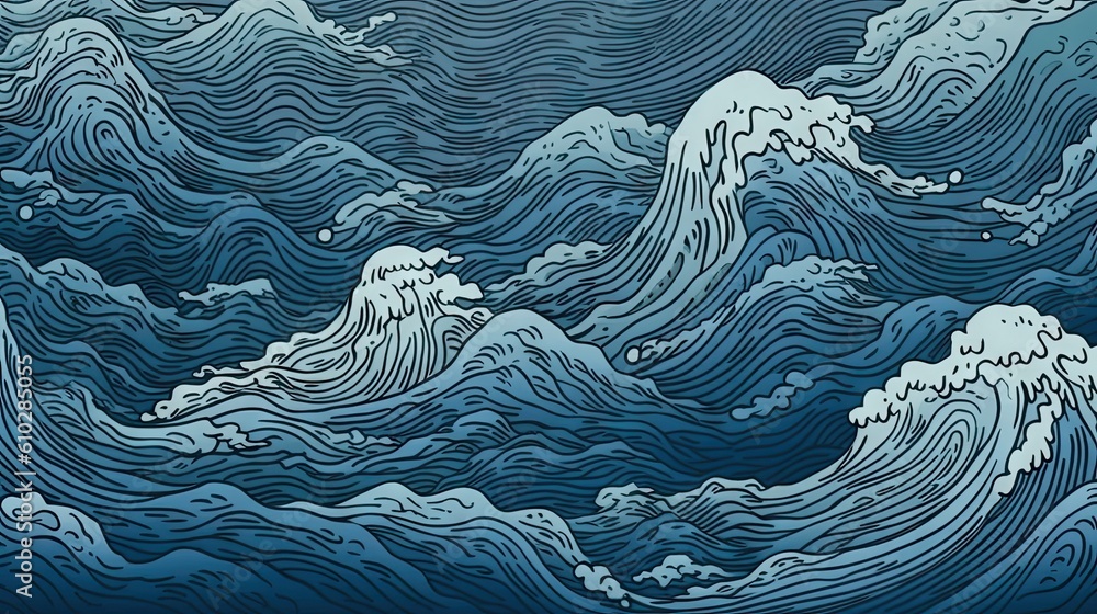 Japanese traditional Ukiyo-e blue and white ocean with big waves ...