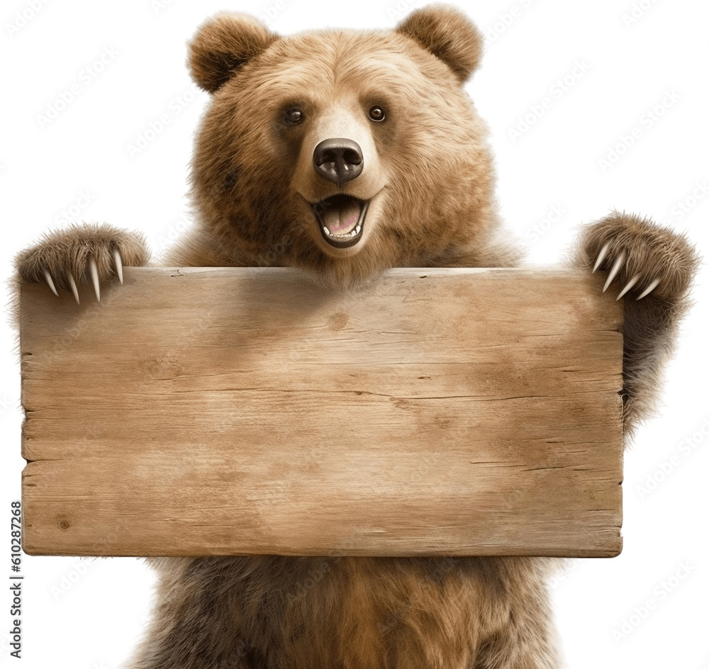 Smiling brown bear holding a blank sign, no background/transparent ...