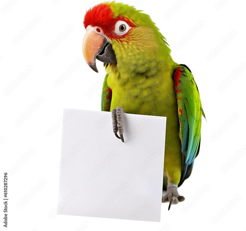 Parrot holding blank paper sign, no background/transparent background ...